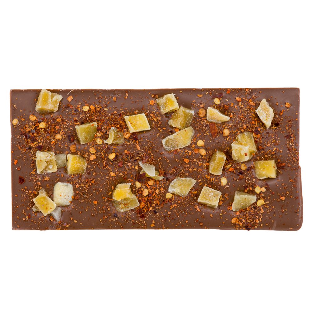 Luxe Chocolade Reep Mango en Chilivlokken Melk – 100 gr – Love in a box